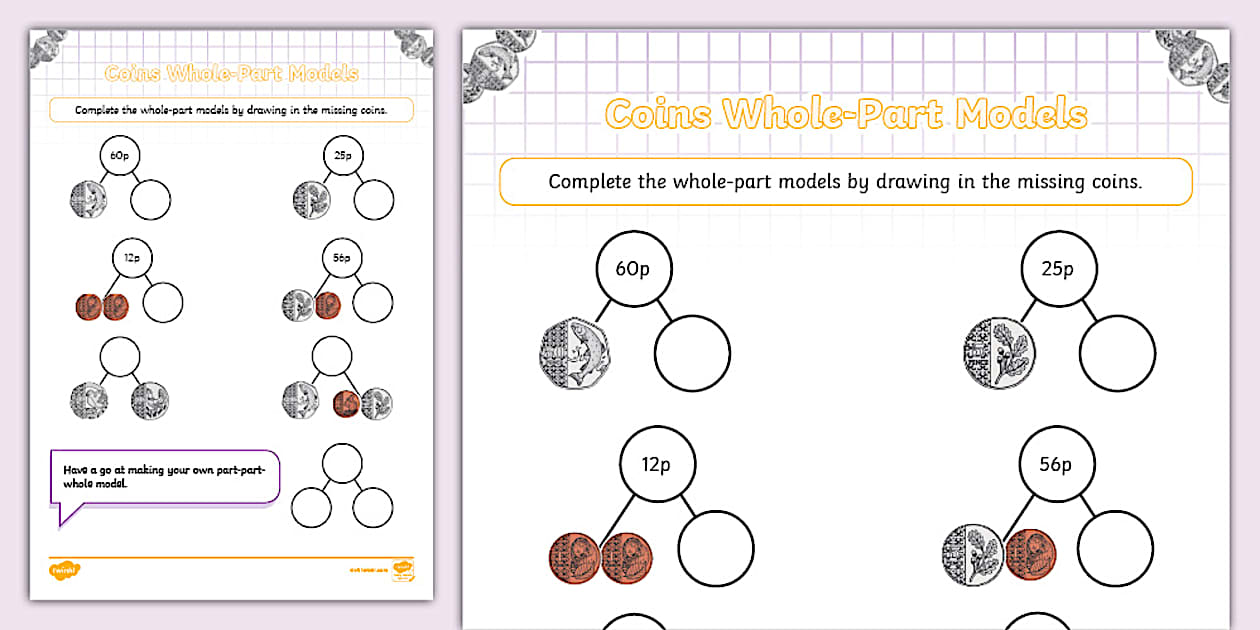 👉 Coins Whole-Part Models Worksheet (teacher made)