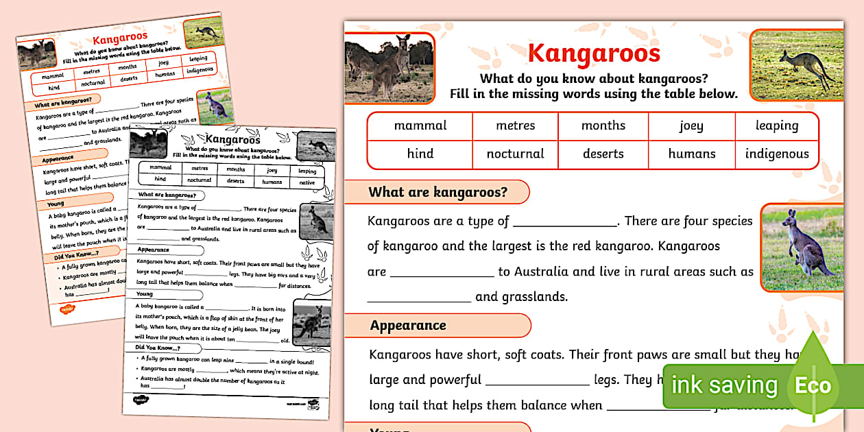 KS1 Kangaroos Cloze Worksheet (Teacher-Made) - Twinkl