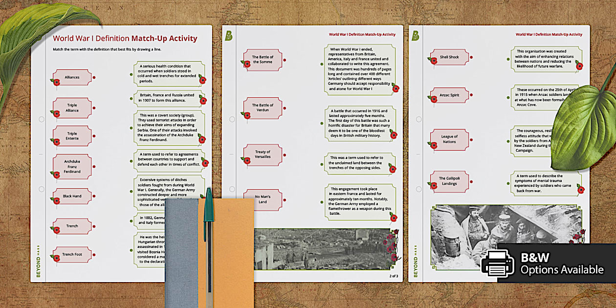 World War I Definition Match-Up Activity - Twinkl