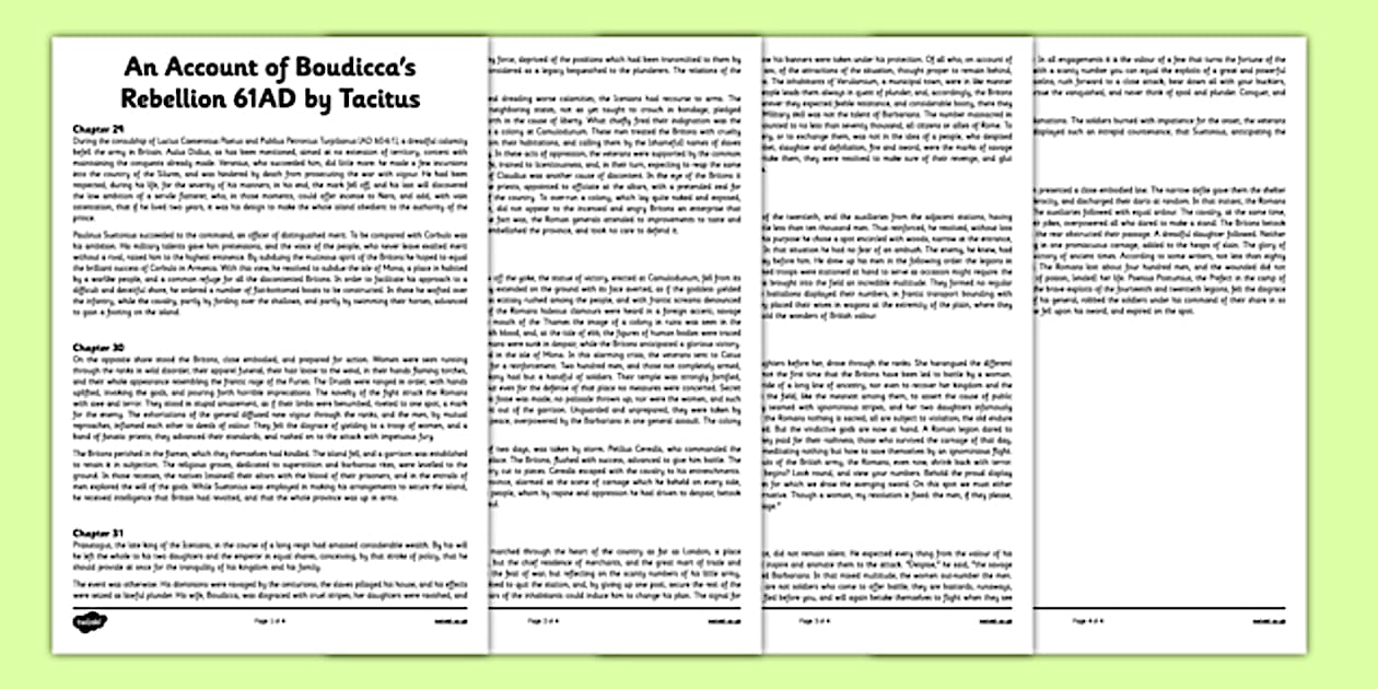 An Account of Boudicca's Rebellion 61AD by Tacitus Print Out