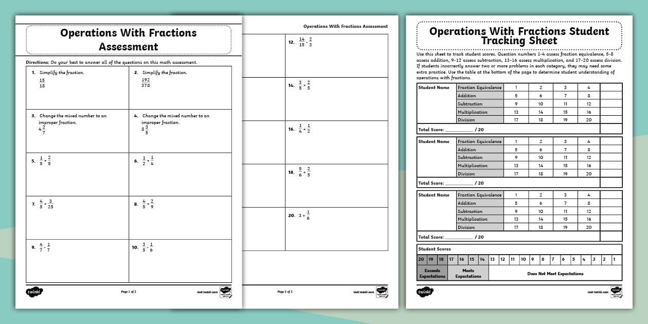 Middle School Basic Skills Operations With Fractions Initial Assessment