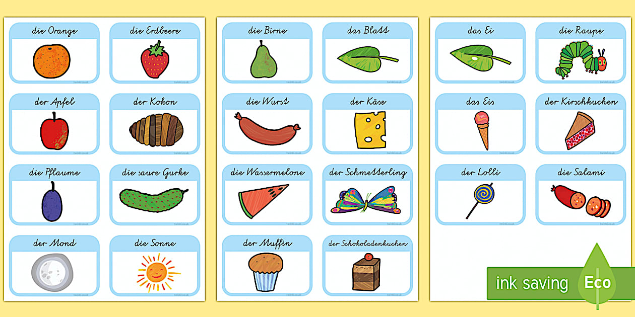 Wort und Bildkarten für das Unterrichtsthema: Die Kleine Raupe Nimmersatt