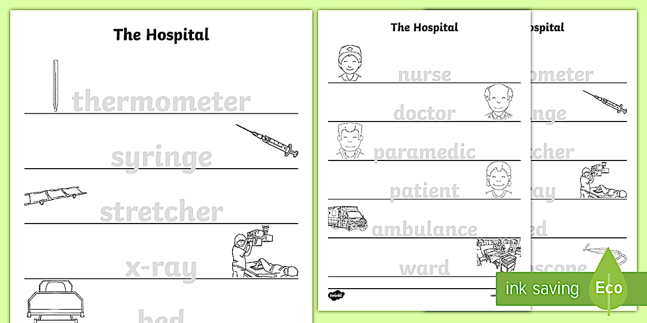 The Hospital Aistear Trace the Words Worksheet - Twinkl