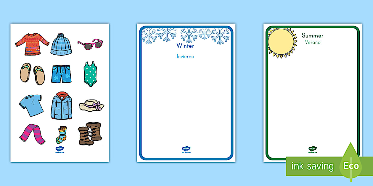 Black and White Winter and Summer Clothes Sorting Activity English/Spanish