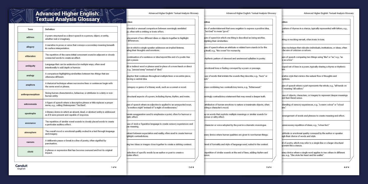 Advanced Higher English: Textual Analysis Glossary - Twinkl