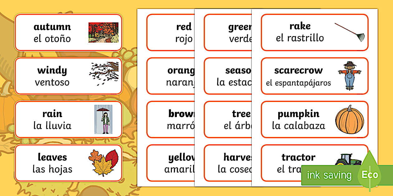 Autumn Topic Word Cards English/Spanish - Twinkl