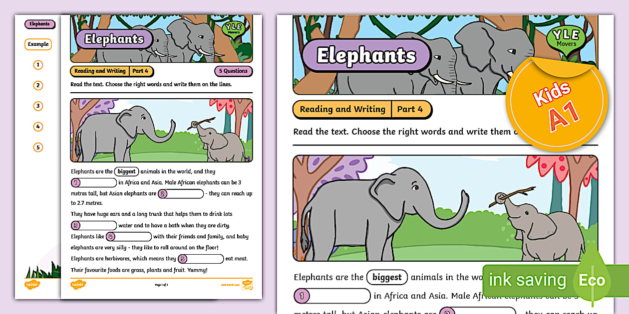 YLE Movers - Reading and Writing Part 4 - Practice Sheet (Elephants) [A1]