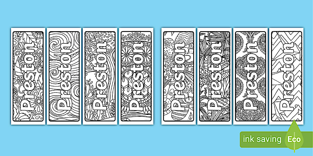 Preston Mindfulness Name Colouring Bookmarks - Twinkl