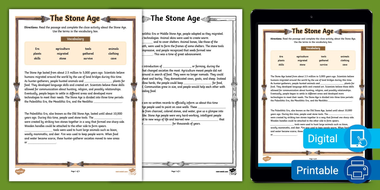 Sixth Grade Stone Age Cloze Reading Activity (teacher made)
