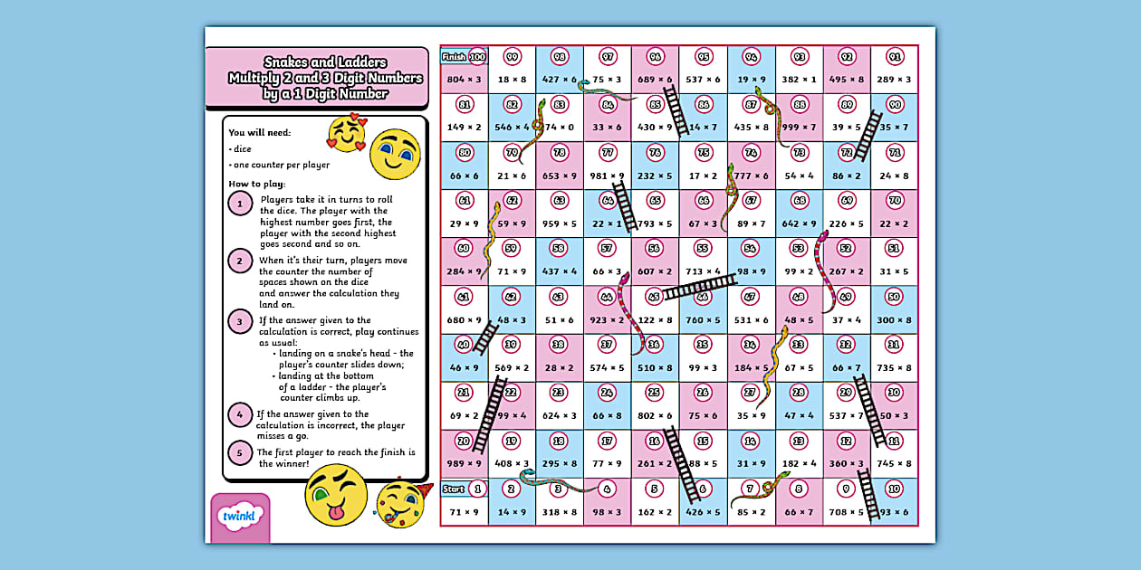 👉 Snakes and Ladders Multiply 2 and 3 Digit numbers by a 1 Digit Number ...