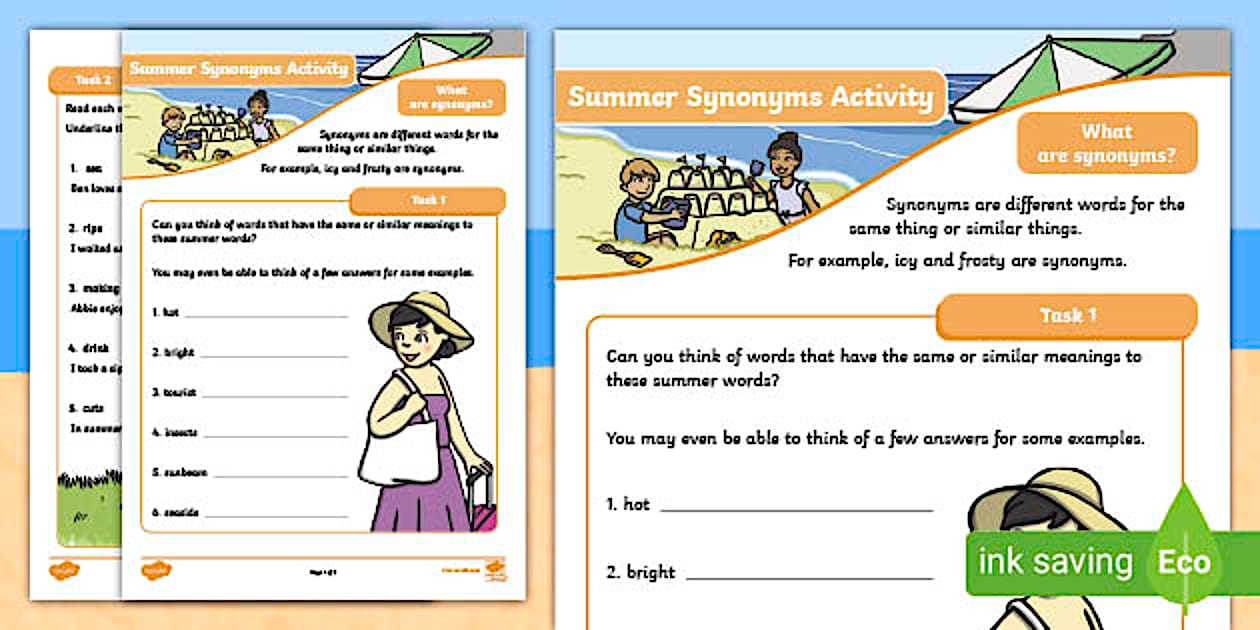 Synonyms Activity Summer (teacher made) - Twinkl