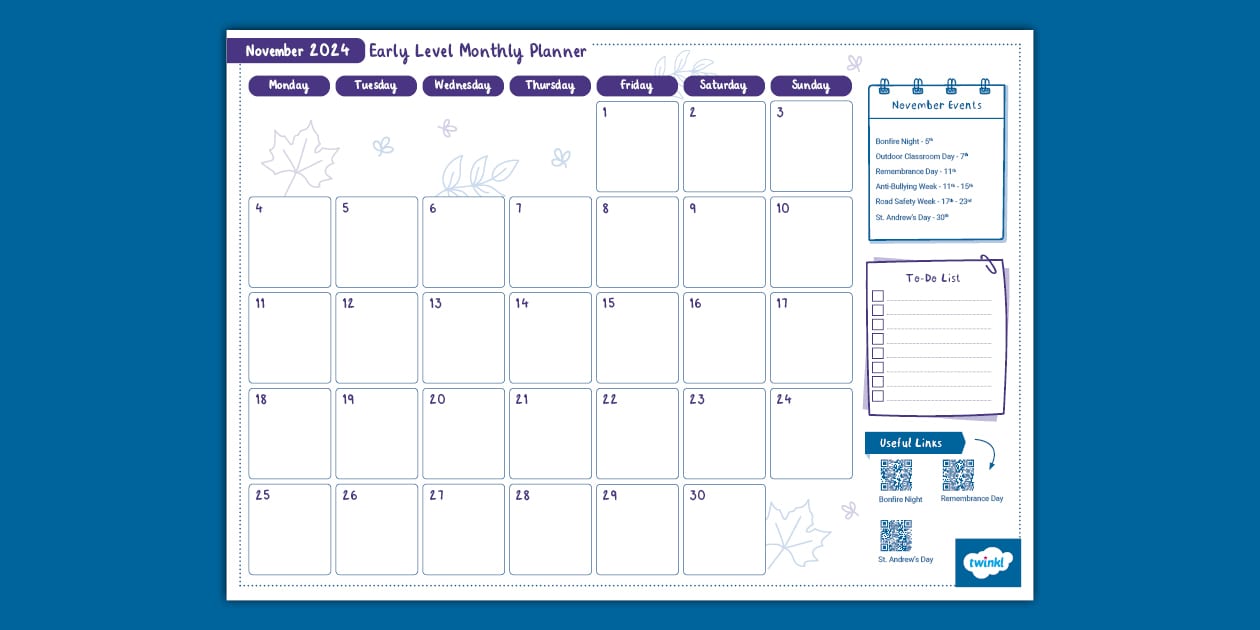 November Early Level Teacher A3 Doodle Month to View Planner