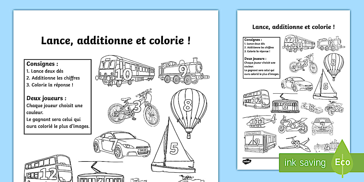 Cursive Feuille d'activités : transport : lance, additionne et colorie