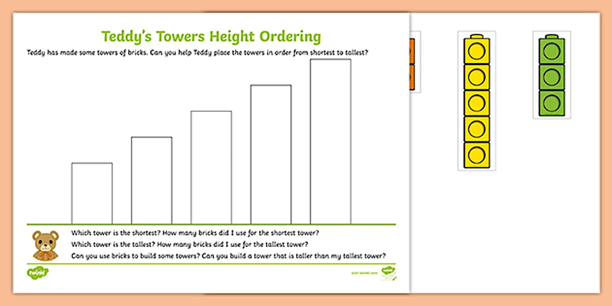 Editable Teddy's Towers Height Ordering Worksheet - Twinkl