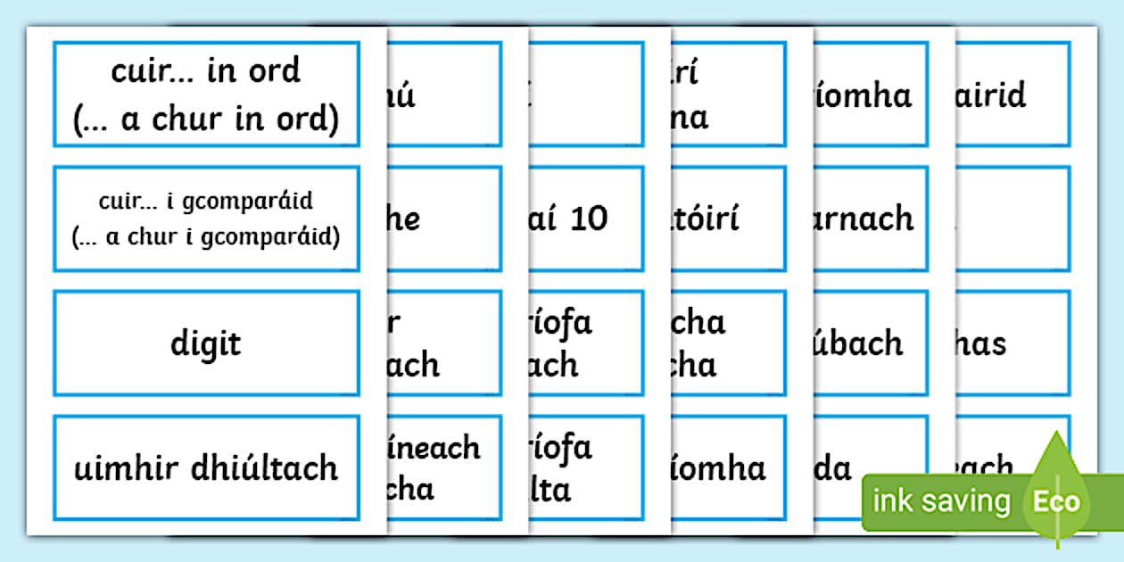 Cártaí Téarmaíochta Mata don Scoil Sinsir (teacher made)
