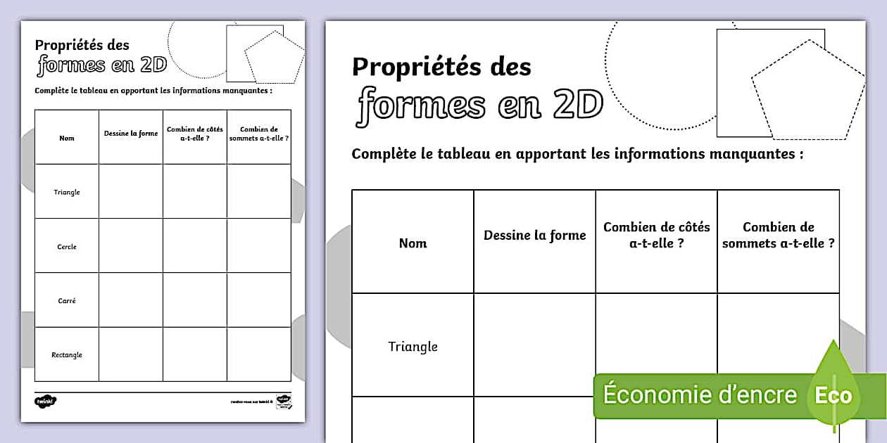 Propriétés des formes en 2D - fiche d'activité - Twinkl