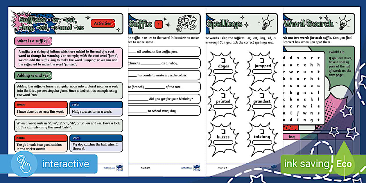 Year 1 Suffixes Activities: -er, -est, -ing, -ed, -s, -es