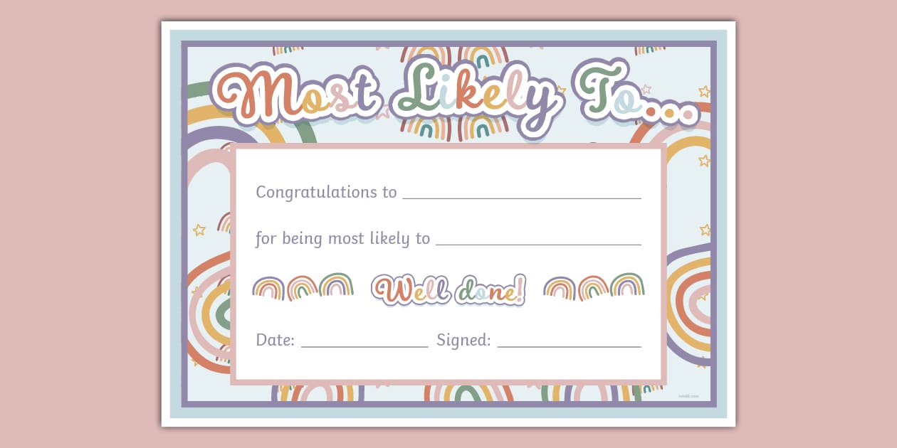 Muted Rainbow Themed Most Likely To...Certificate - Twinkl