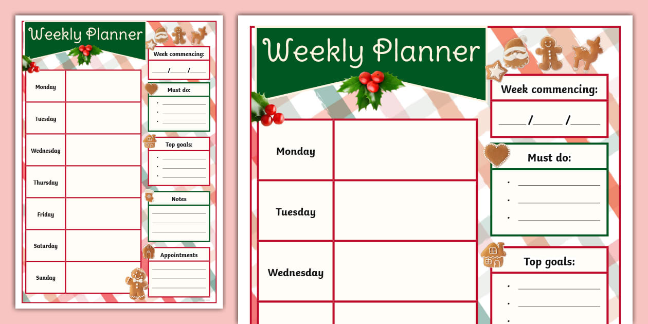 Gingerbread Christmas Themed Weekly Planner - Twinkl
