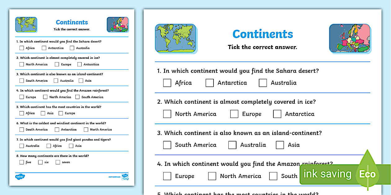 Continents Quiz,continents,geography test - Twinkl