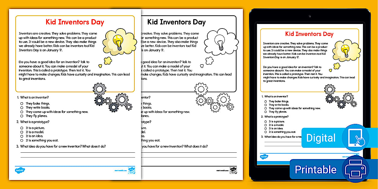 First Grade Kid Inventors Day Reading Passage Comprehension