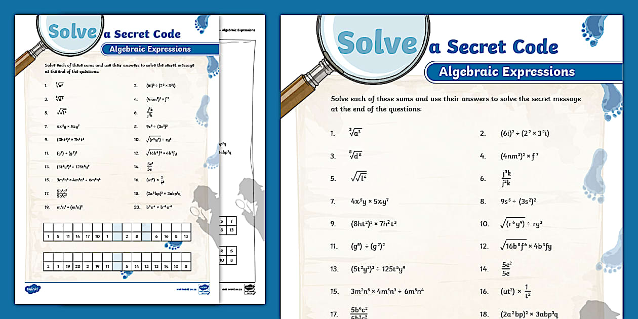 Solve a Secret Code – Algebraic Expressions Activity Sheet