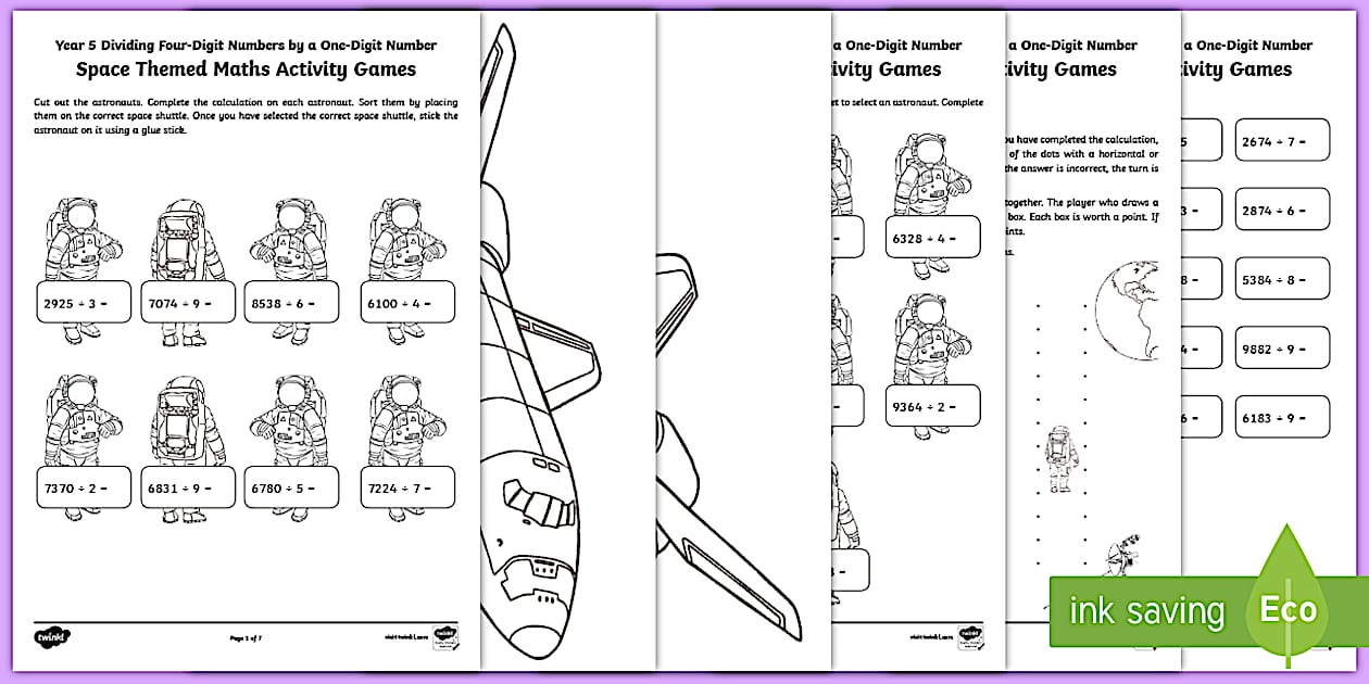 Year 5 Dividing Four-Digit Numbers by a One-Digit Number Space-Themed Maths