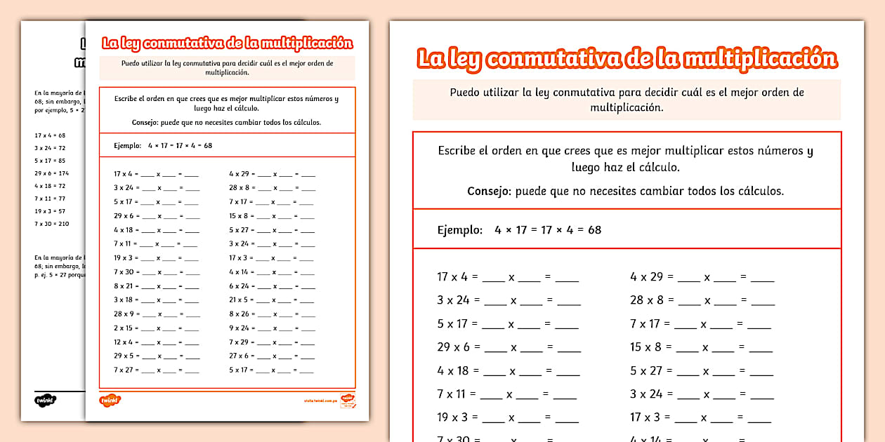 Ejercicios de propiedad conmutativa multiplicación | Twinkl