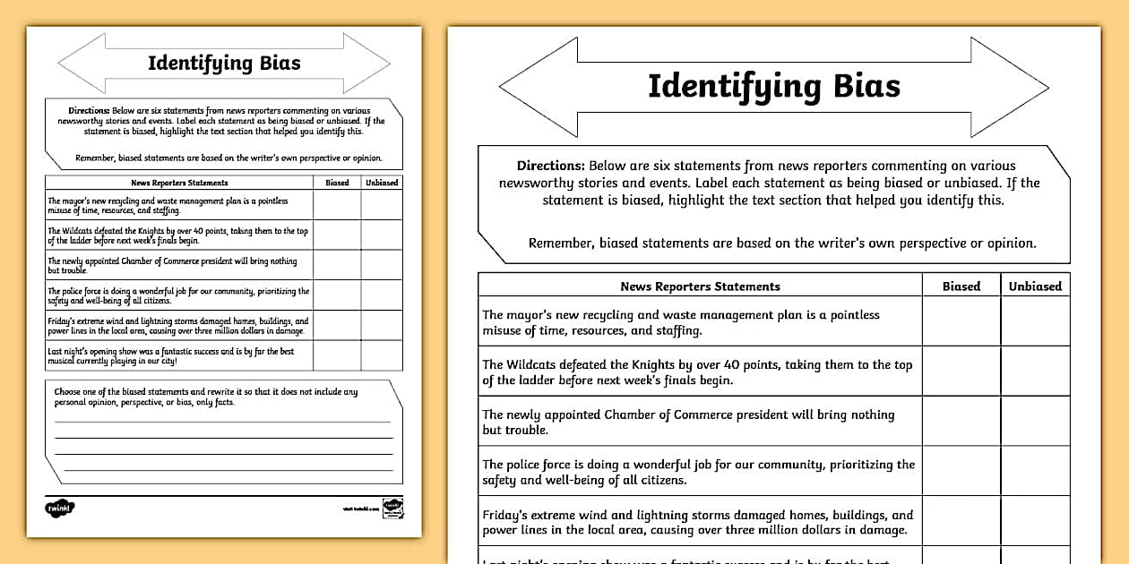 Identifying Bias Worksheet for 6th-8th Grade - Twinkl