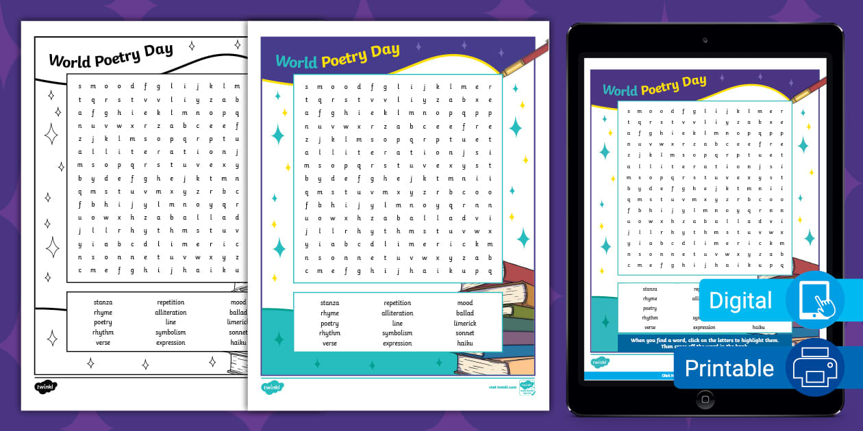 World Poetry Day Word Search for 3rd-5th Grade - Twinkl