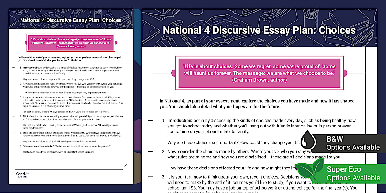 National 4 Discursive Essay Plan: Choices (teacher made)