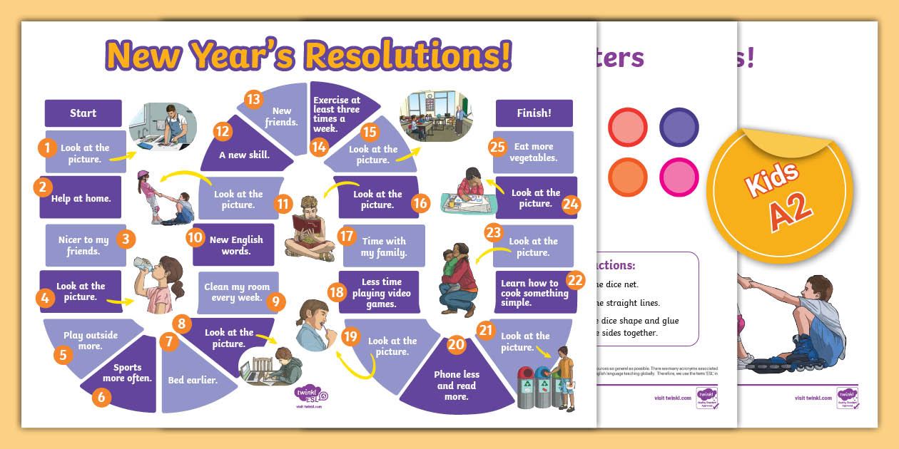 ESL New Year's Resolutions Board Game [Kids, A2] - Twinkl
