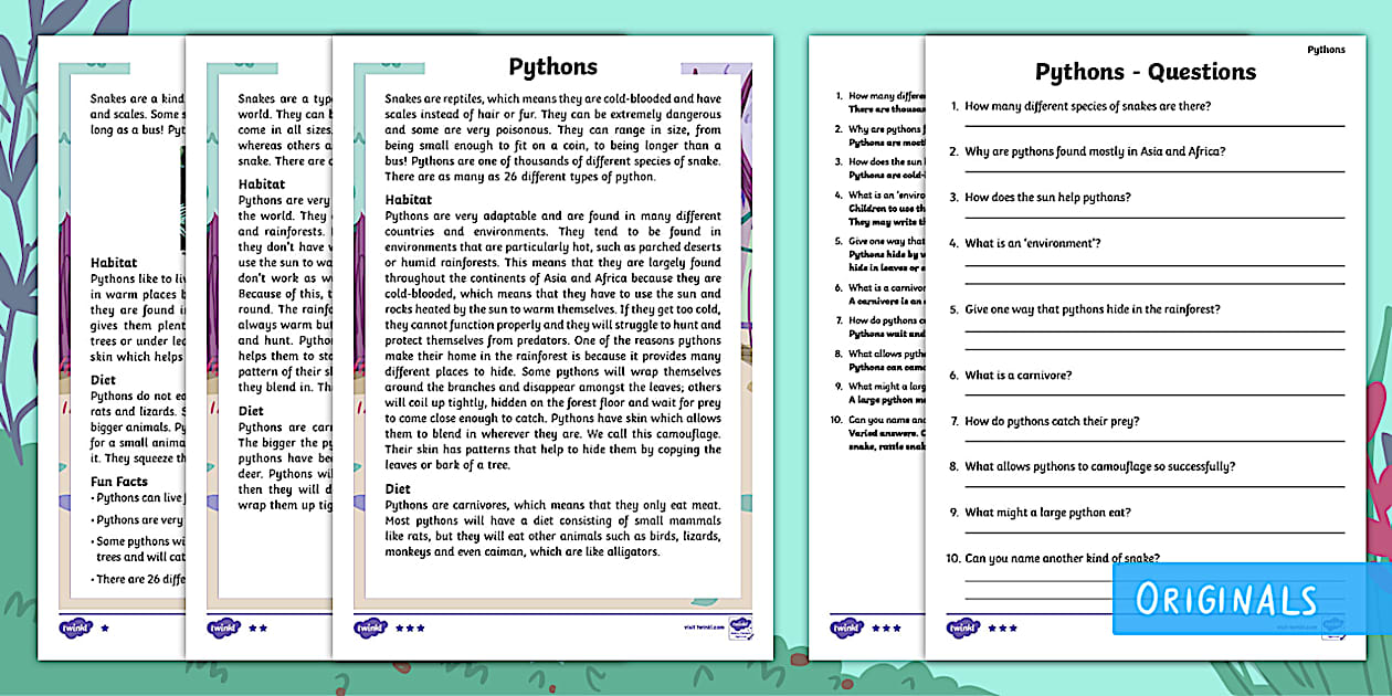 First Level Pythons Differentiated Reading Comprehension Activity