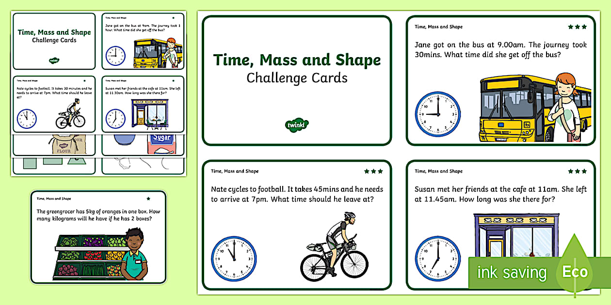 Higher Ability Time, Mass and Shape Problem Solving Challenge Cards