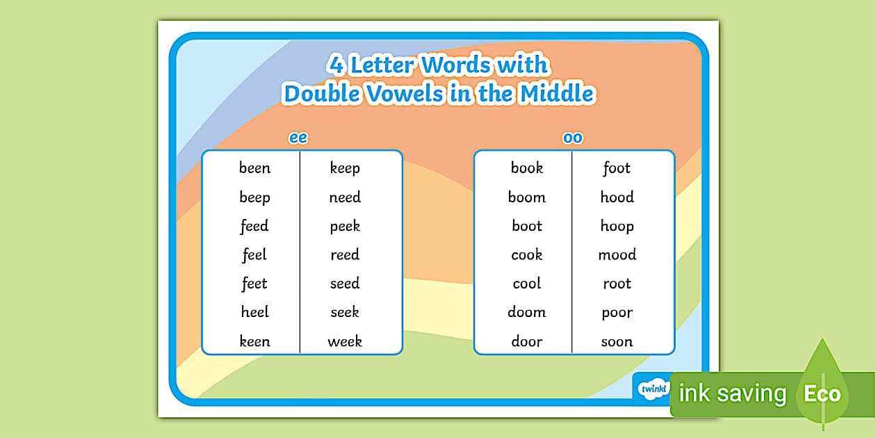 4 Letter Words with Double Vowels in the Middle Word Mat