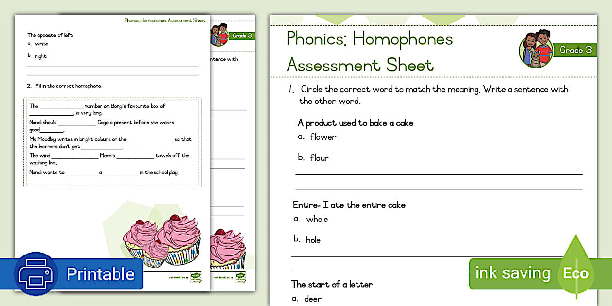 Grade 3 Phonics: Homophones: Assessment Sheet - Twinkl