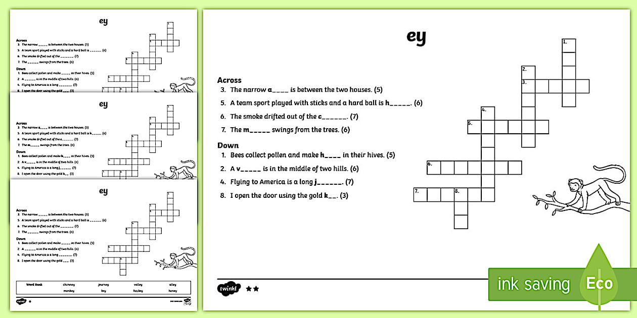 'ey' Digraph Differentiated Crossword (teacher made)