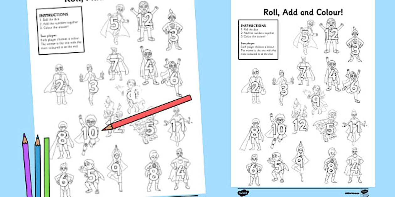 Superhero Themed Roll and Colour Worksheet