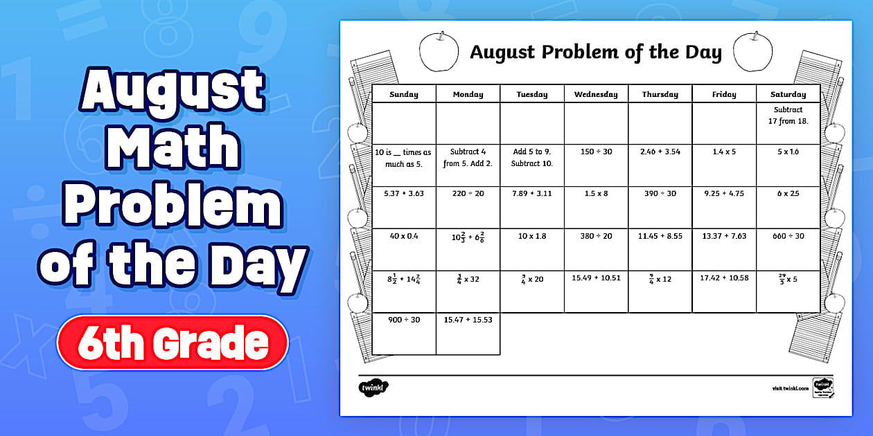 Sixth Grade 2025 Math Problem of the Day August Calendar
