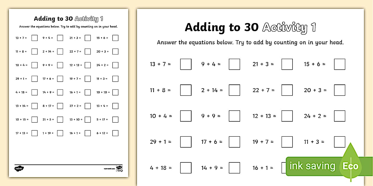 👉 Adding to 30 Activity Sheet 1, Addition to 30 - Twinkl