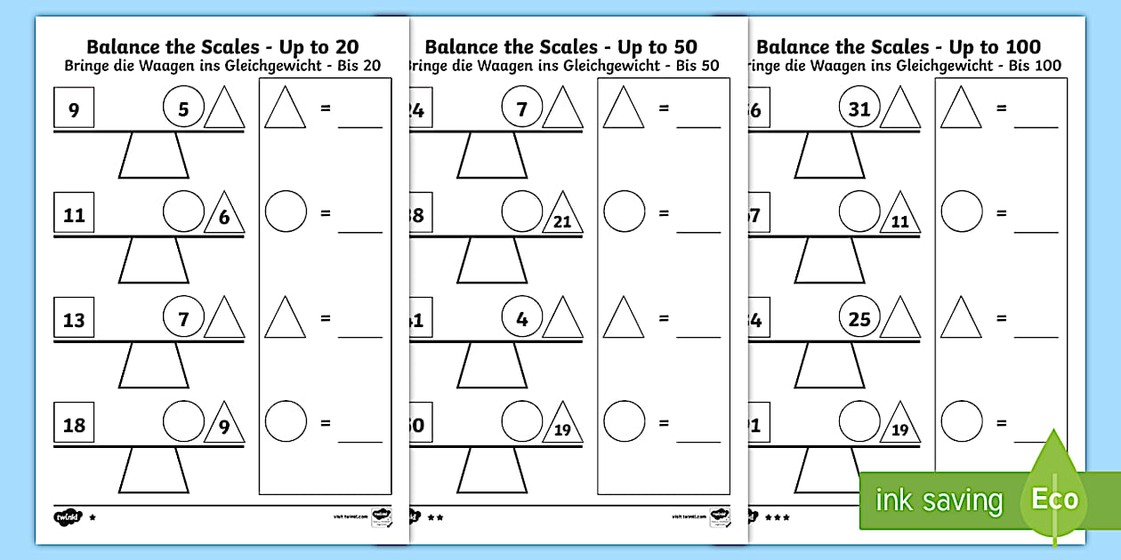 Balance the Scales Differentiated Worksheet / Worksheets English/German