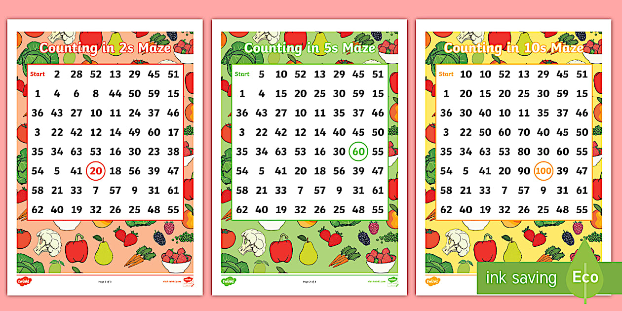Fruit and Vegetable Themed Counting in Multiples Maze Worksheets