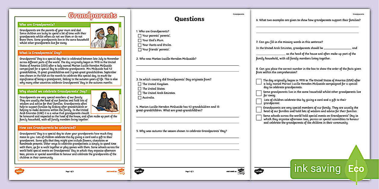 Grandparents Day Reading Comprehension (teacher made)