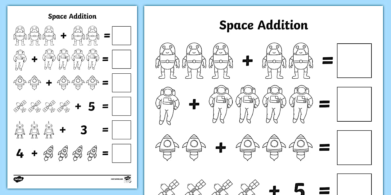Space-Themed Numbers Adding with Pictures Worksheets