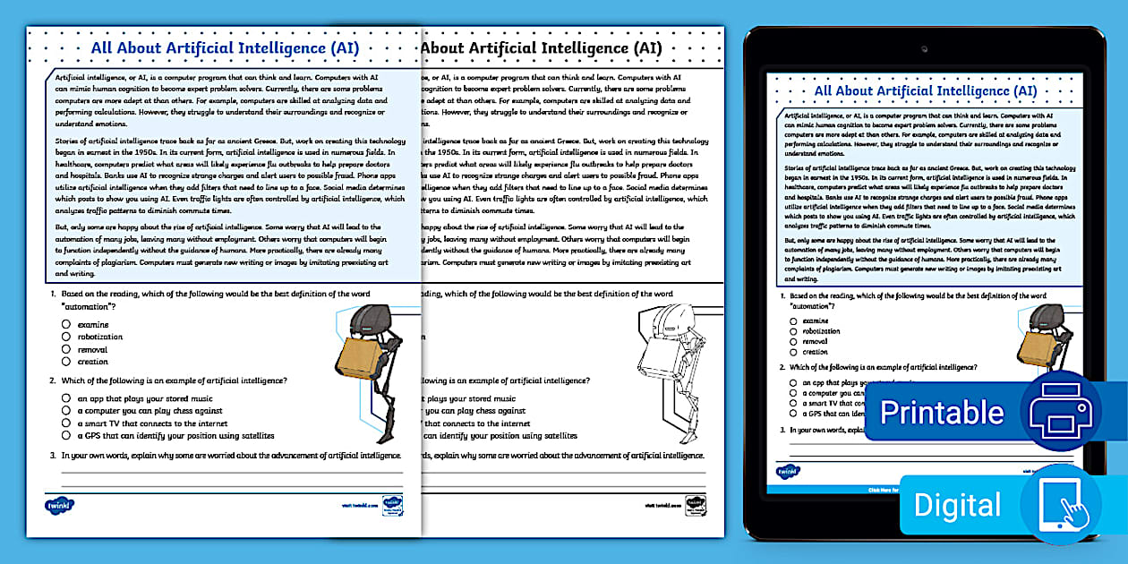 Seventh Grade All About Artificial Intelligence Reading Passage ...