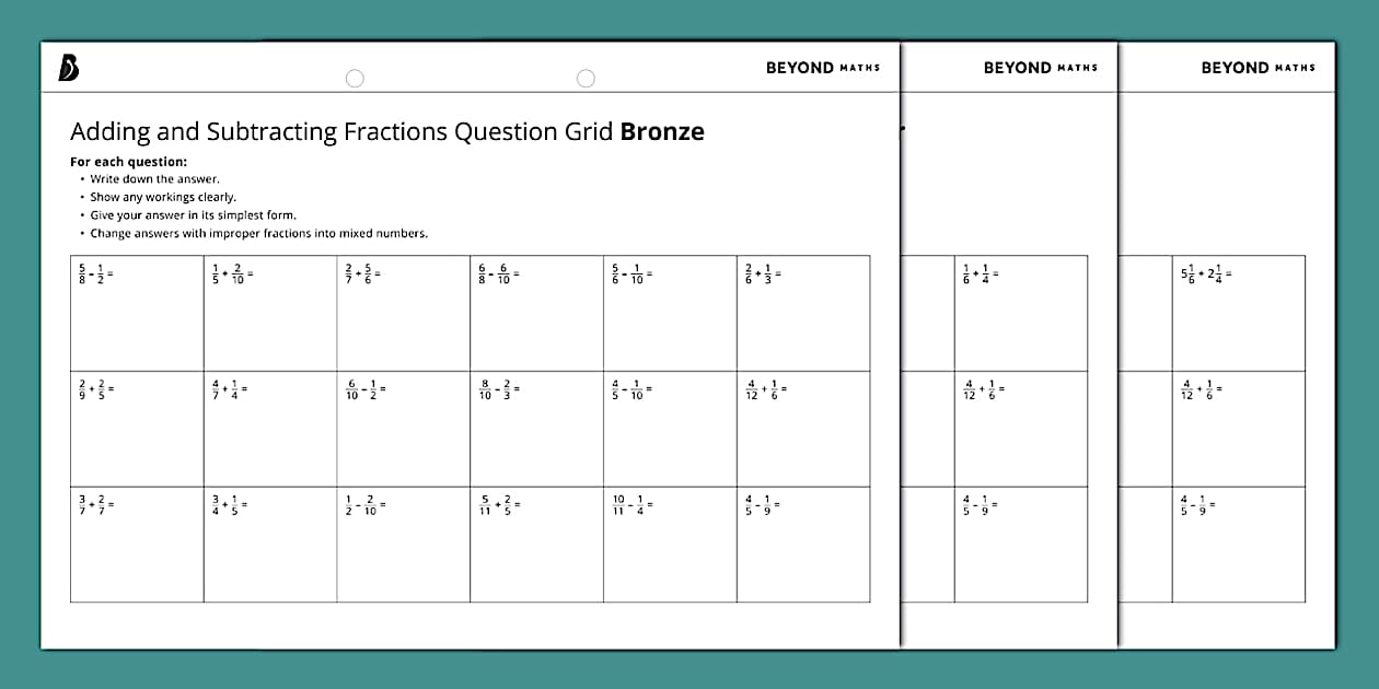 Adding and Subtracting Fractions Question Grids | Beyond