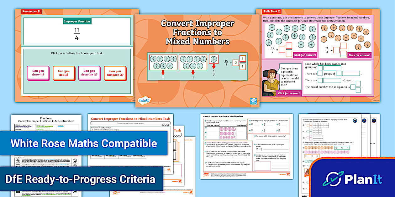 👉 Y4 Convert Improper Fractions to Mixed Numbers PlanIt Maths Lesson 8
