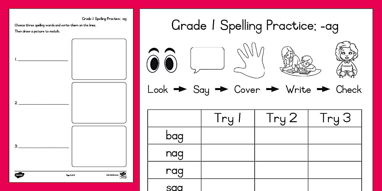 Grade 1 English -Phonics - Worksheet: Spelling Practice -ag