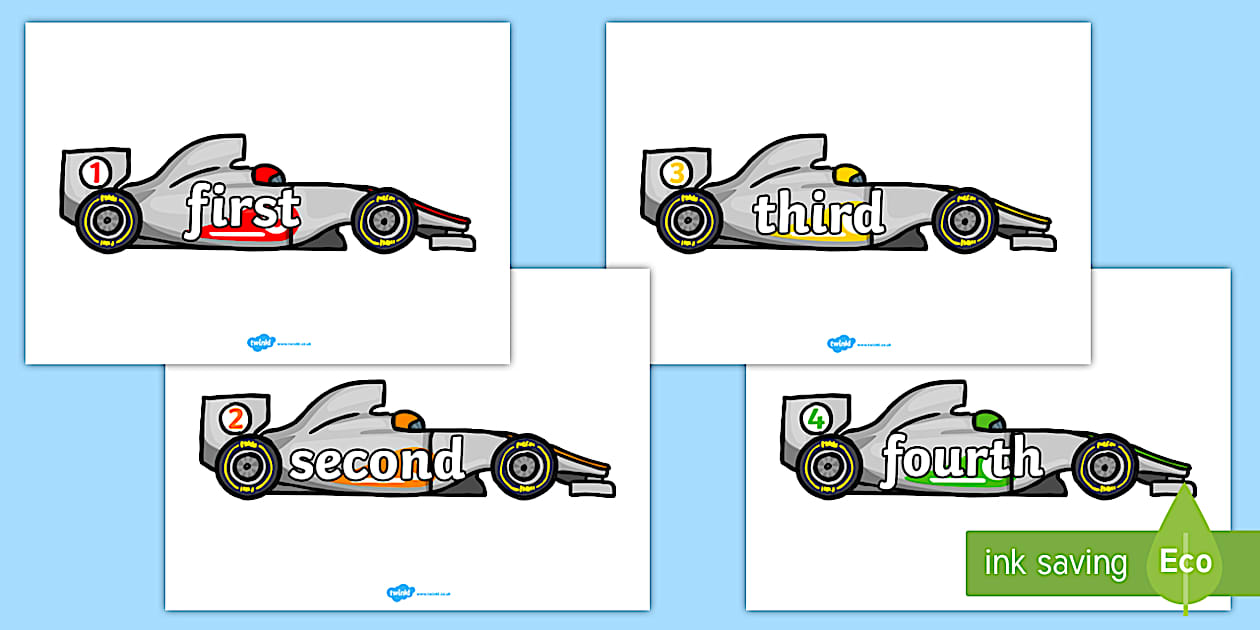 Ordinal Number Words on Race Cars - Twinkl