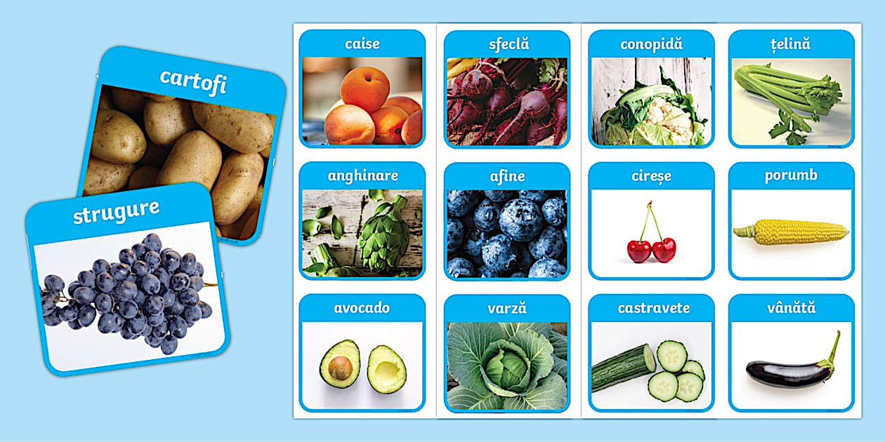 Fructe și legume – Cartonașe cu vocabular și fotografii